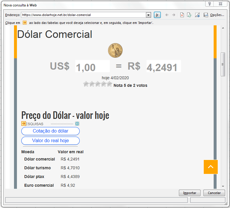 Importar dados da WEB para o Excel Importar dados da WEB para o Excel