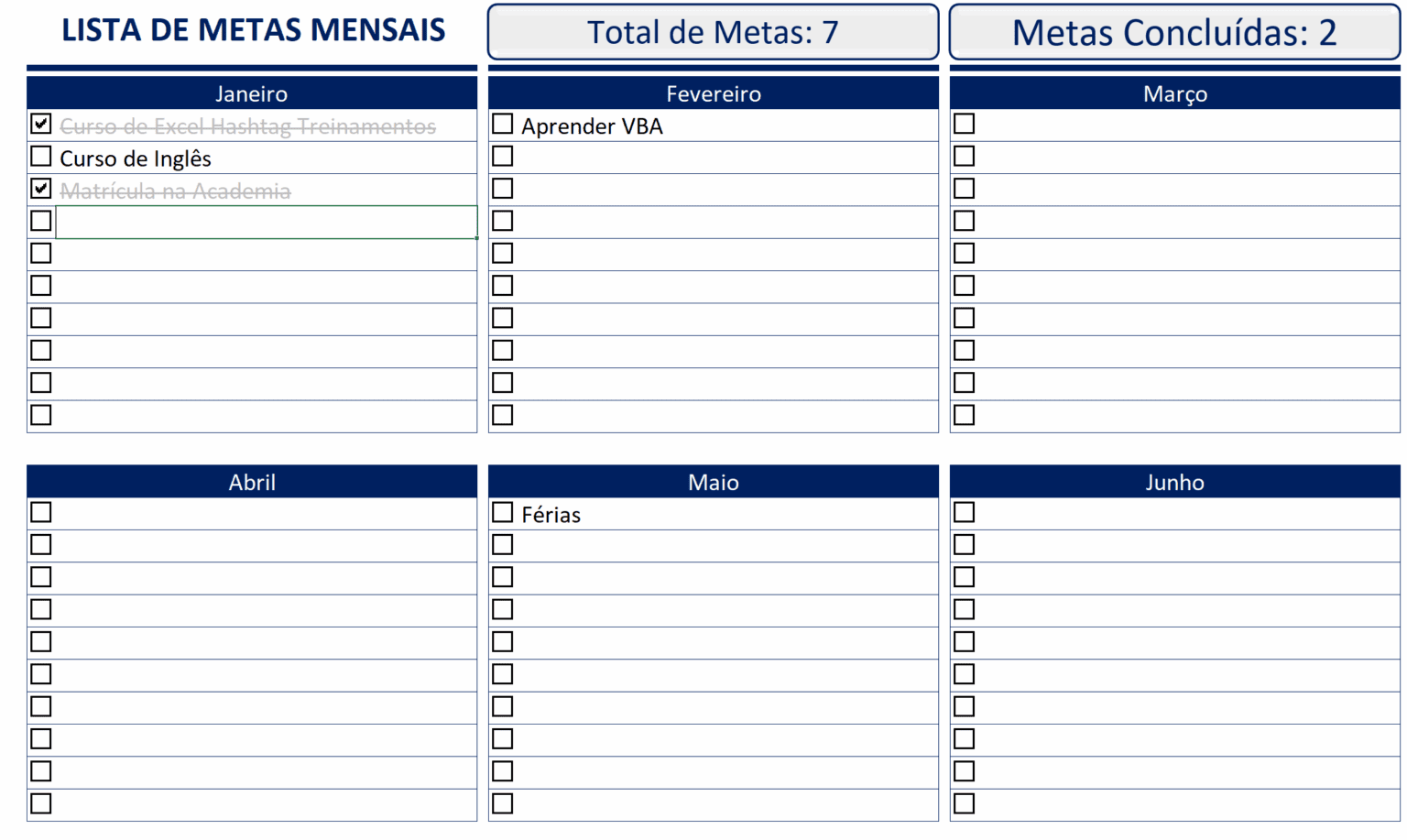 Planner 2022 em Excel: Metas Anuais e Mensais